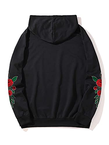 WDIRARA Men's Floral Graphic Print Drawstring Pocket Hoodie Sweatshirt Black XXXL