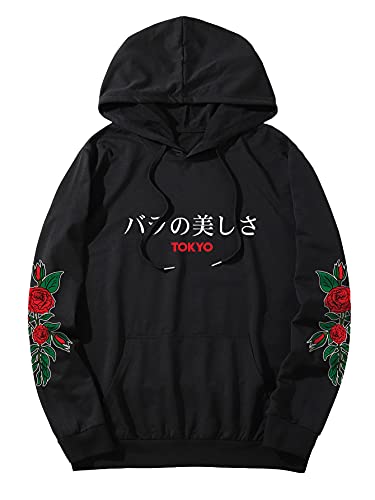 WDIRARA Men's Floral Graphic Print Drawstring Pocket Hoodie Sweatshirt Black XXXL
