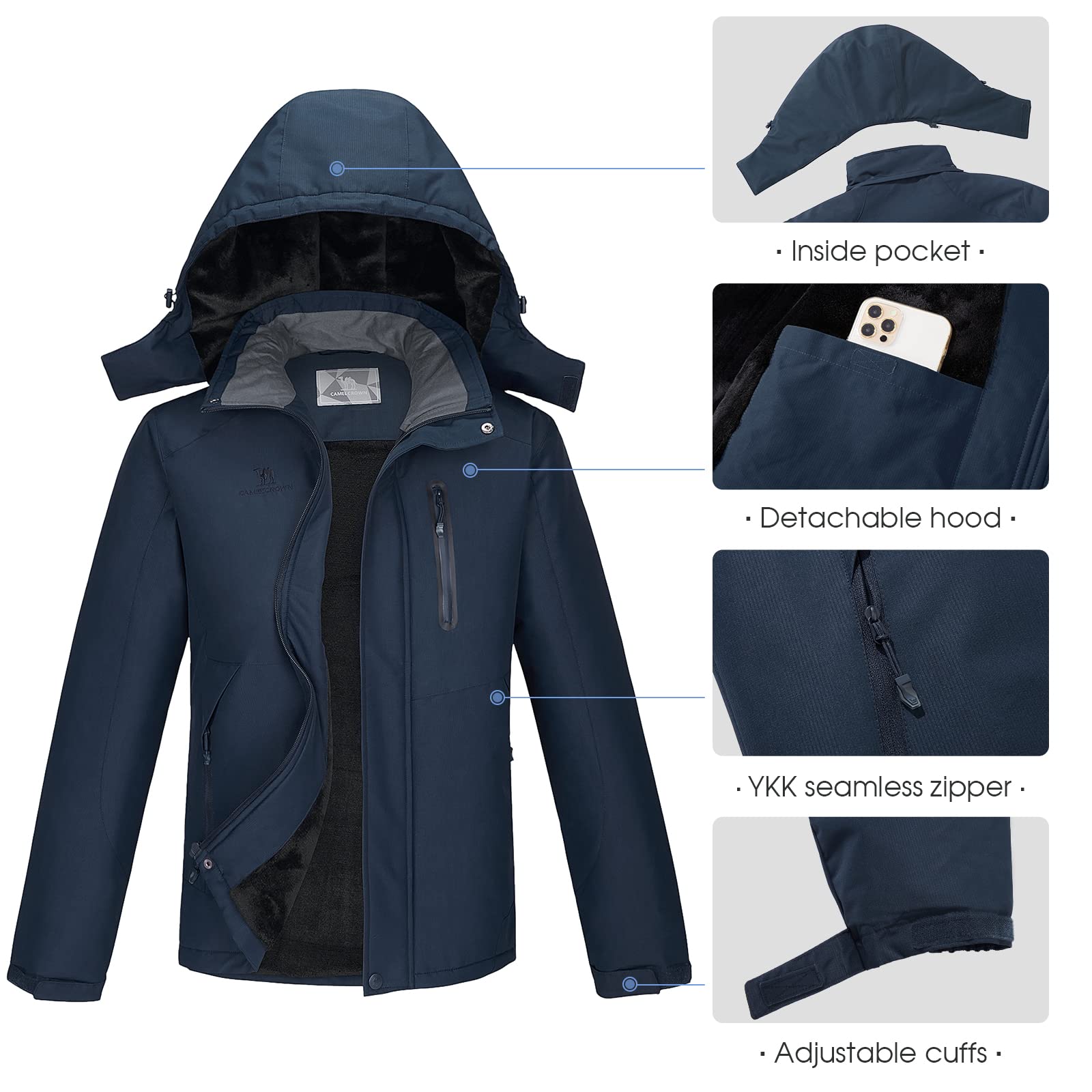 CAMEL Men's Winter Ski Jackets Waterproof Snow Coat with Hood Mountain Windproof Rain Jacket