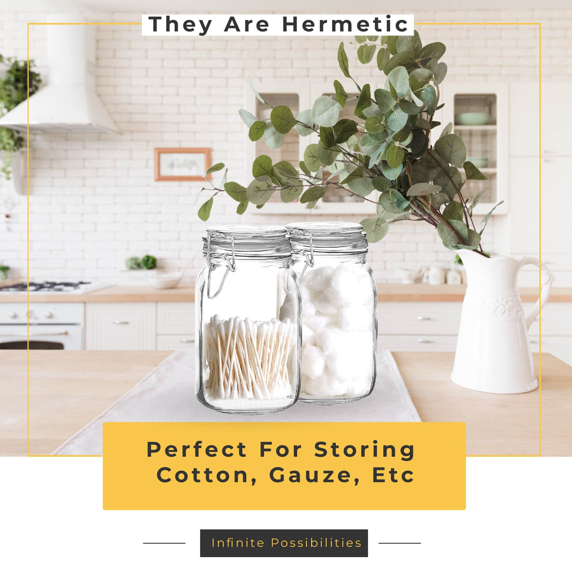Xabono 4 Pack Wide Mouth Glass Jars with Airtight Lid 32 oz Storage Containers Lids Clear Jar Leak Proof Food Kitchen Cereal Pasta (WMGJAL1)