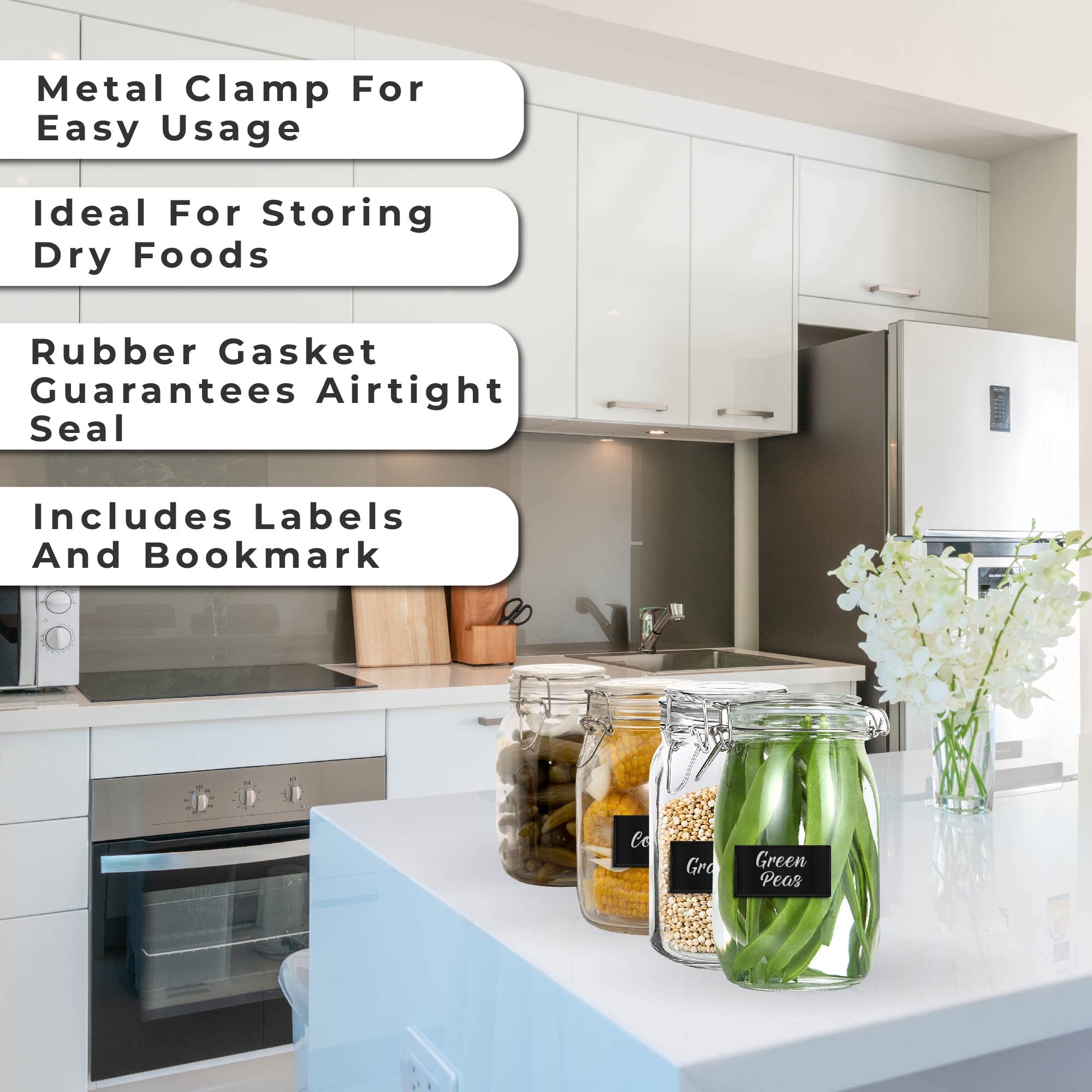 Xabono 4 Pack Wide Mouth Glass Jars with Airtight Lid 32 oz Storage Containers Lids Clear Jar Leak Proof Food Kitchen Cereal Pasta (WMGJAL1)