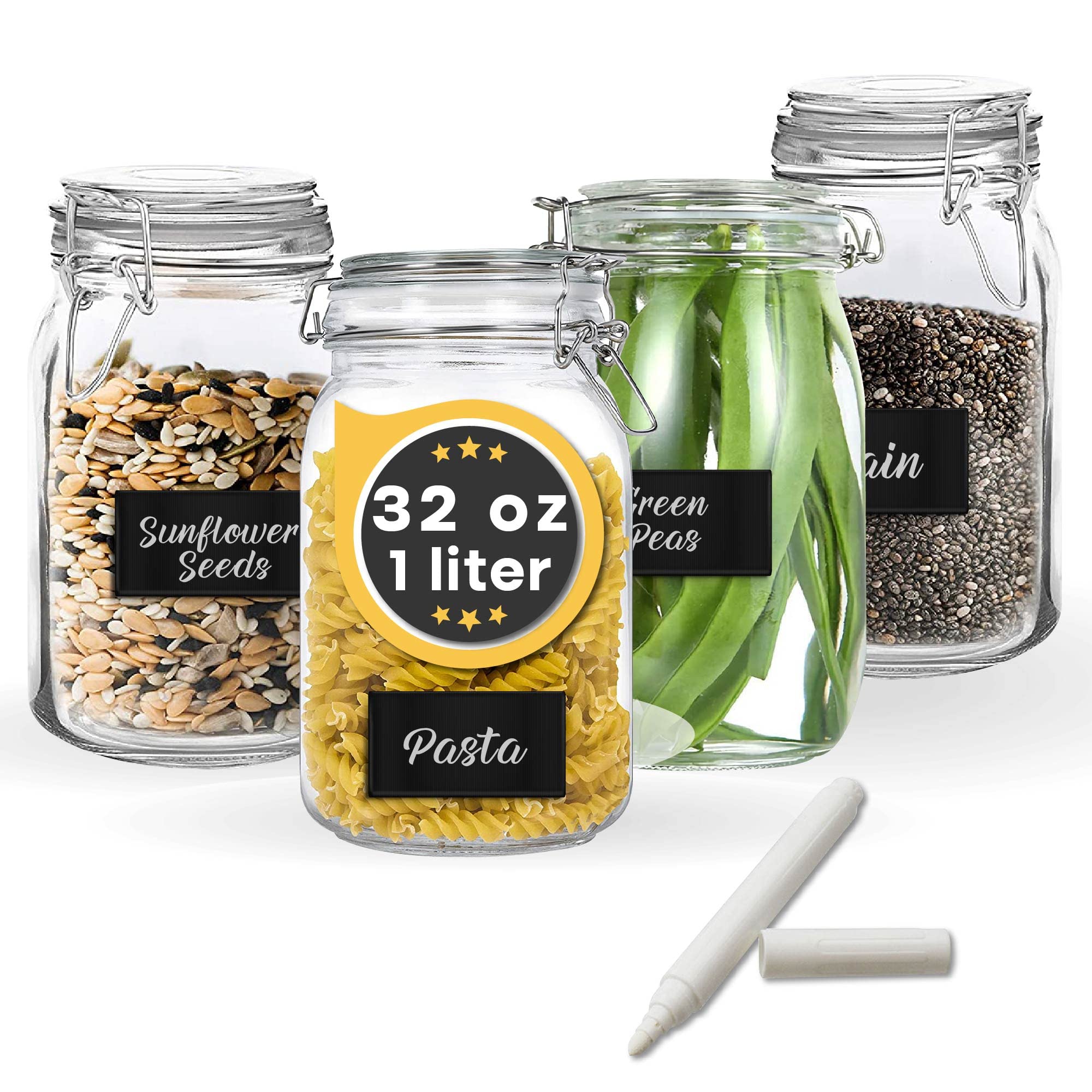 Xabono 4 Pack Wide Mouth Glass Jars with Airtight Lid 32 oz Storage Containers Lids Clear Jar Leak Proof Food Kitchen Cereal Pasta (WMGJAL1)