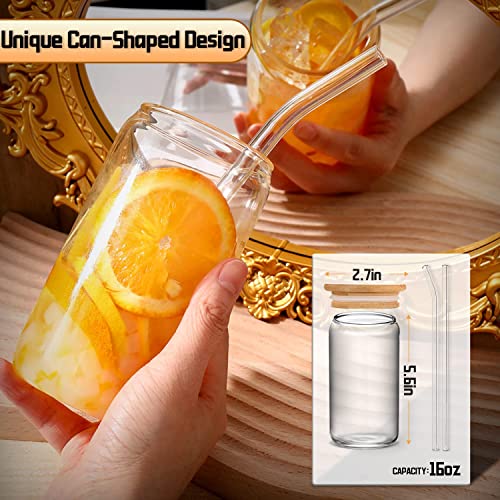 DWTS DANWEITESI Glass Cups with Lids and Straws 4pcs Set 16oz Iced Coffee Cups,Glass Coffee Cups with Lids and Straw,Beer Can Glass with Lids and Straw
