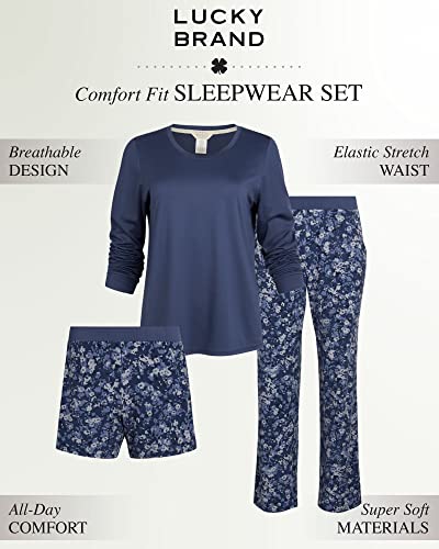 Lucky Brand Women's Pajama Set - 3 Piece Long Sleeve Night Shirt, Sleep Pants, Lounge Shorts (S-XL), Size X-Large, Denim Blue