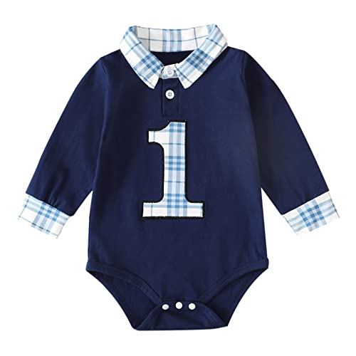 GRNSHTS Baby Boy First Birthday Clothes Plaid Stand Collar Long Sleeve Romper Jumpsuit Cake Smash Outfit (Navy Blue 4, 15 Months)