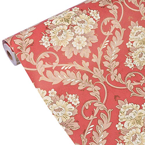Simplemuji Red Damask Self-Adhesive Shelf Drawer Liner PVC Wallpaper for Counter top Closet 17.7''x98''