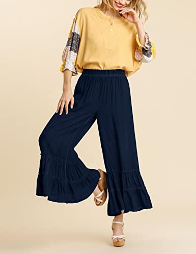 Mundoven Flowy Palazzo Linen Pants for Women Elastic High Waisted Wide Leg Ruffle Ruched Loose Beach Trousers (0004-Blue-XL)