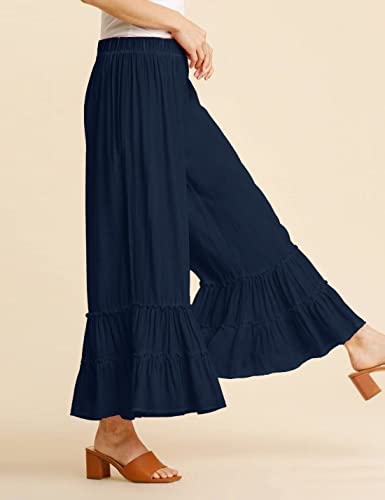 Mundoven Flowy Palazzo Linen Pants for Women Elastic High Waisted Wide Leg Ruffle Ruched Loose Beach Trousers (0004-Blue-XL)
