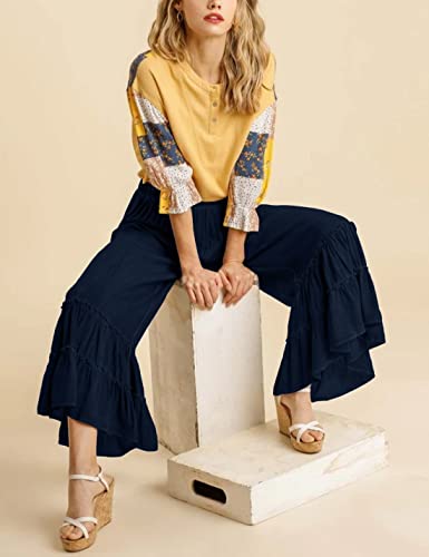 Mundoven Flowy Palazzo Linen Pants for Women Elastic High Waisted Wide Leg Ruffle Ruched Loose Beach Trousers (0004-Blue-XL)