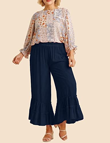 Mundoven Flowy Palazzo Linen Pants for Women Elastic High Waisted Wide Leg Ruffle Ruched Loose Beach Trousers (0004-Blue-XL)