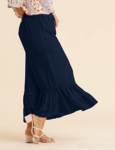 Mundoven Flowy Palazzo Linen Pants for Women Elastic High Waisted Wide Leg Ruffle Ruched Loose Beach Trousers (0004-Blue-XL)