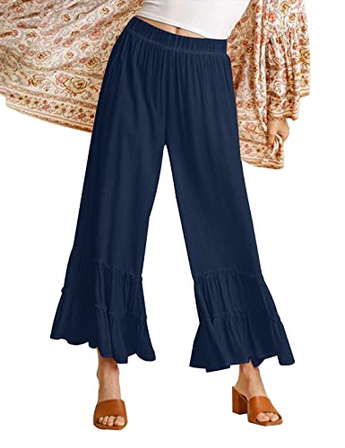 Mundoven Flowy Palazzo Linen Pants for Women Elastic High Waisted Wide Leg Ruffle Ruched Loose Beach Trousers (0004-Blue-XL)