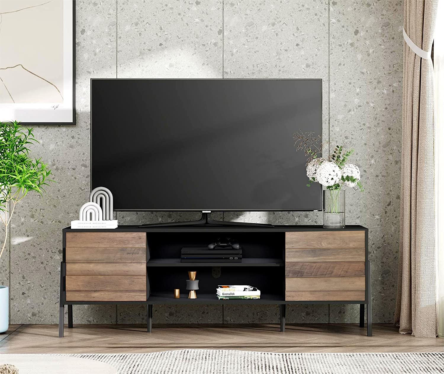 WAMPAT Modern TV Stand 65 inch TV Table, Mid-Century Wood TV Console Entertainment Center for 55 inch TV with 6 Storage Cabinets, Media Console for Living Room Bedroom, 60‘’ Black/Brown