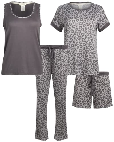 Lucky Brand Women's Pajama Set - 4 Piece Short Sleeve Shirt, Tank Top, Sleep Pants, Lounge Shorts, Size Small, Grey