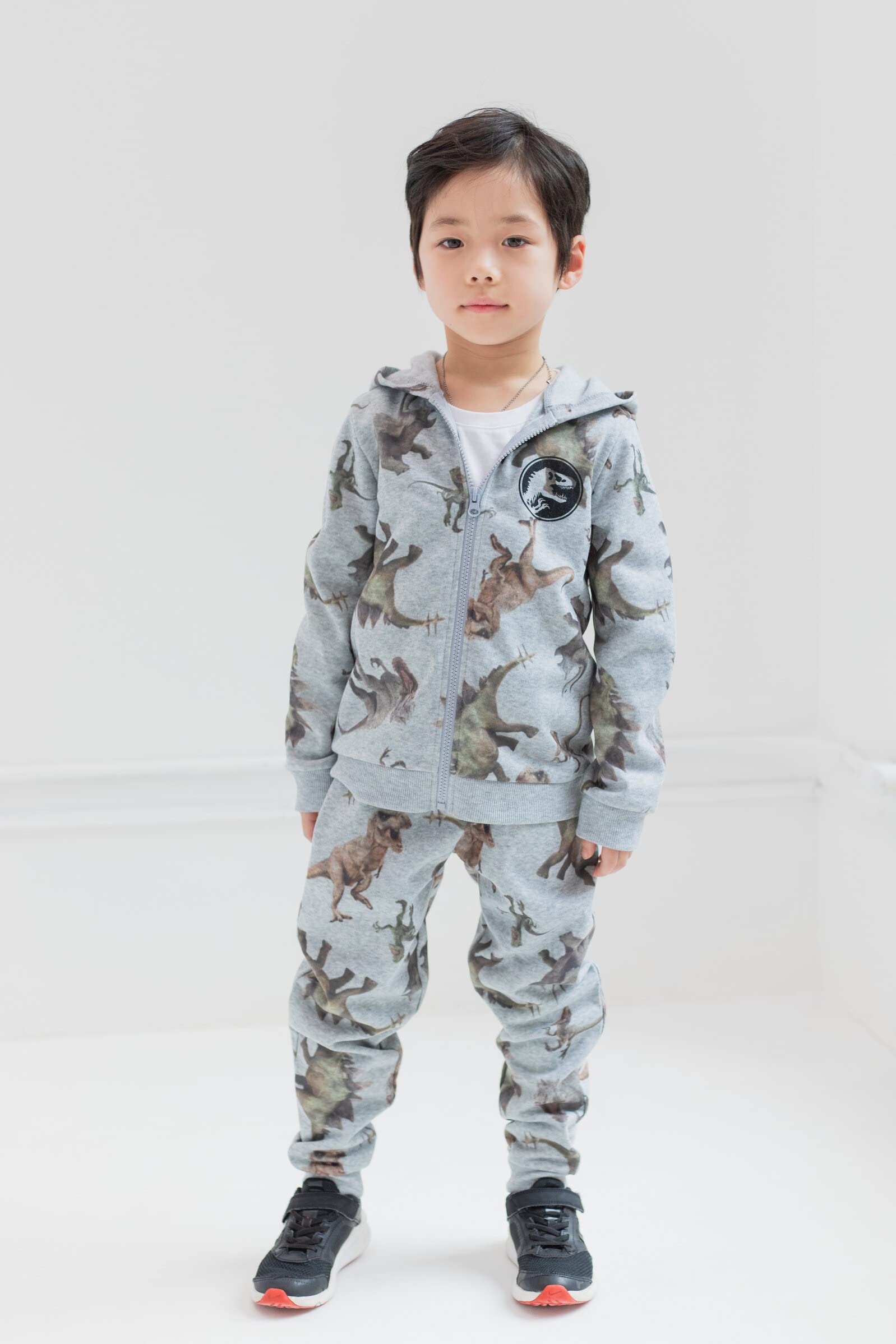 Jurassic World Dinosaur T-Rex Big Boys Fleece Zip Up Hoodie and Jogger Pants Set Logo Gray 10-12