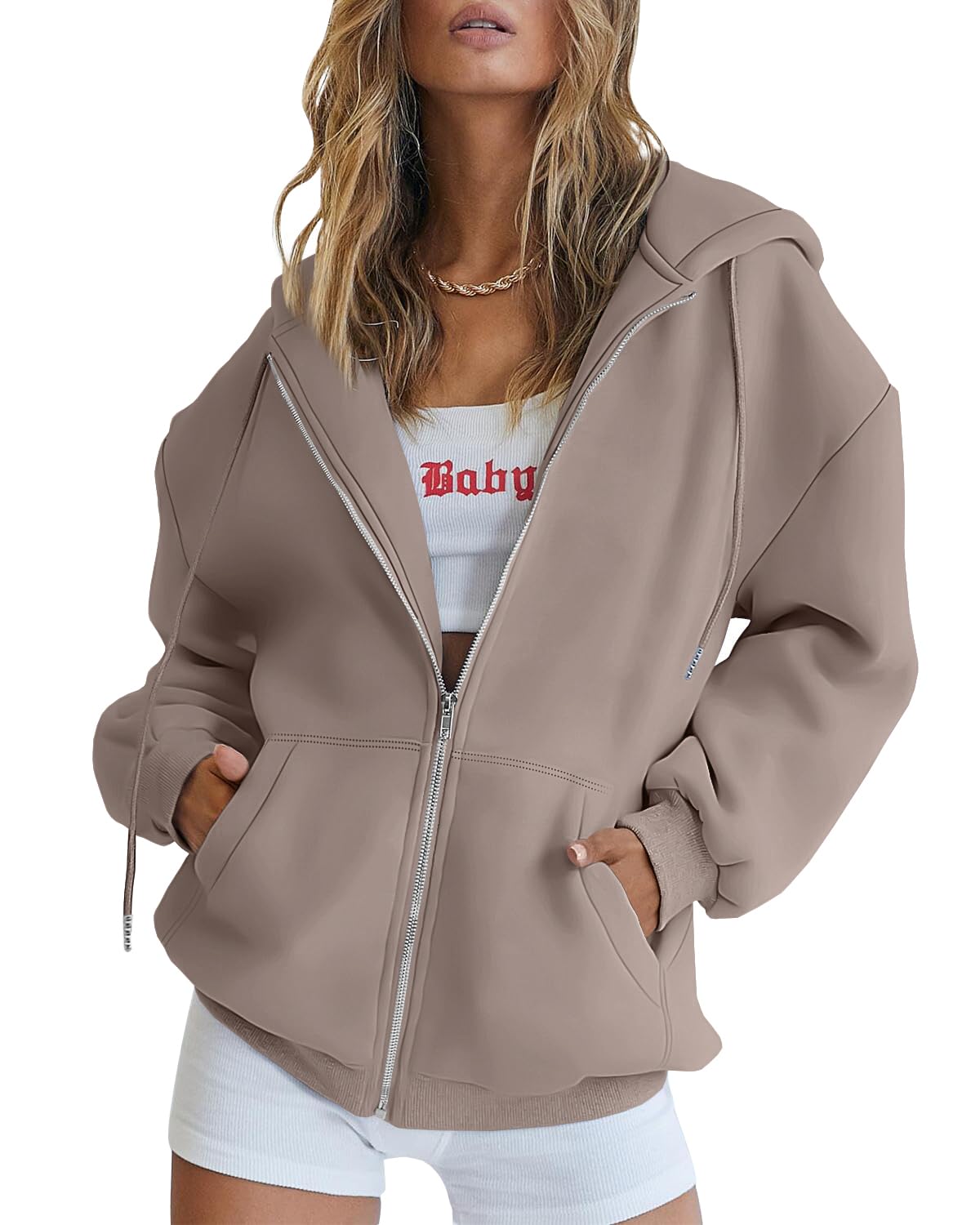 EFAN Women Zip Up Hoodies Oversized Sweatshirt Jacket 2025 Fall Fleece Cute Pullover Hooded Tops Teen Girls Casual Loose Fit Y2k Trendy Fashion Gym Clothes Outfits Nutmeg S