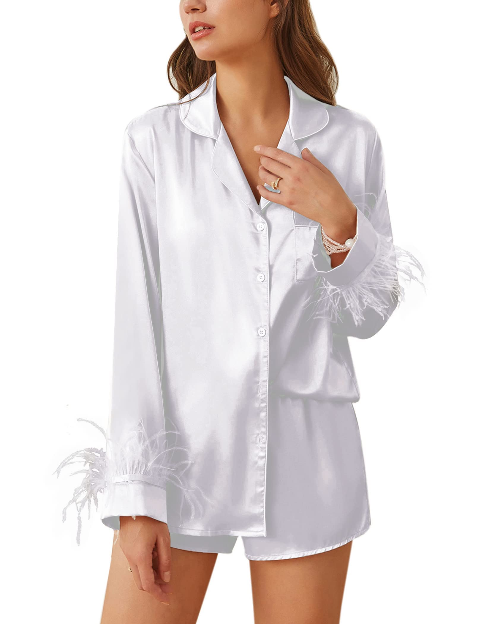 Ekouaer Women's Bridal Feather Trim Silk Satin Pajama Set Long Sleeve Lounge Sets Sleepwear (Removable Feather) White Small