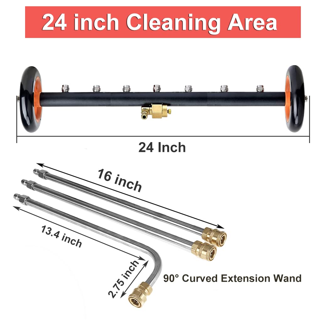 Undercarriage Pressure Washer Attachment,Dual-Function Water Broom Undercarriage Pressure Washer Surface Cleaner, 24 inch 4000 PSI Power Washer Underbody Car Washer with 7 Nozzles and 3 Extension Wand