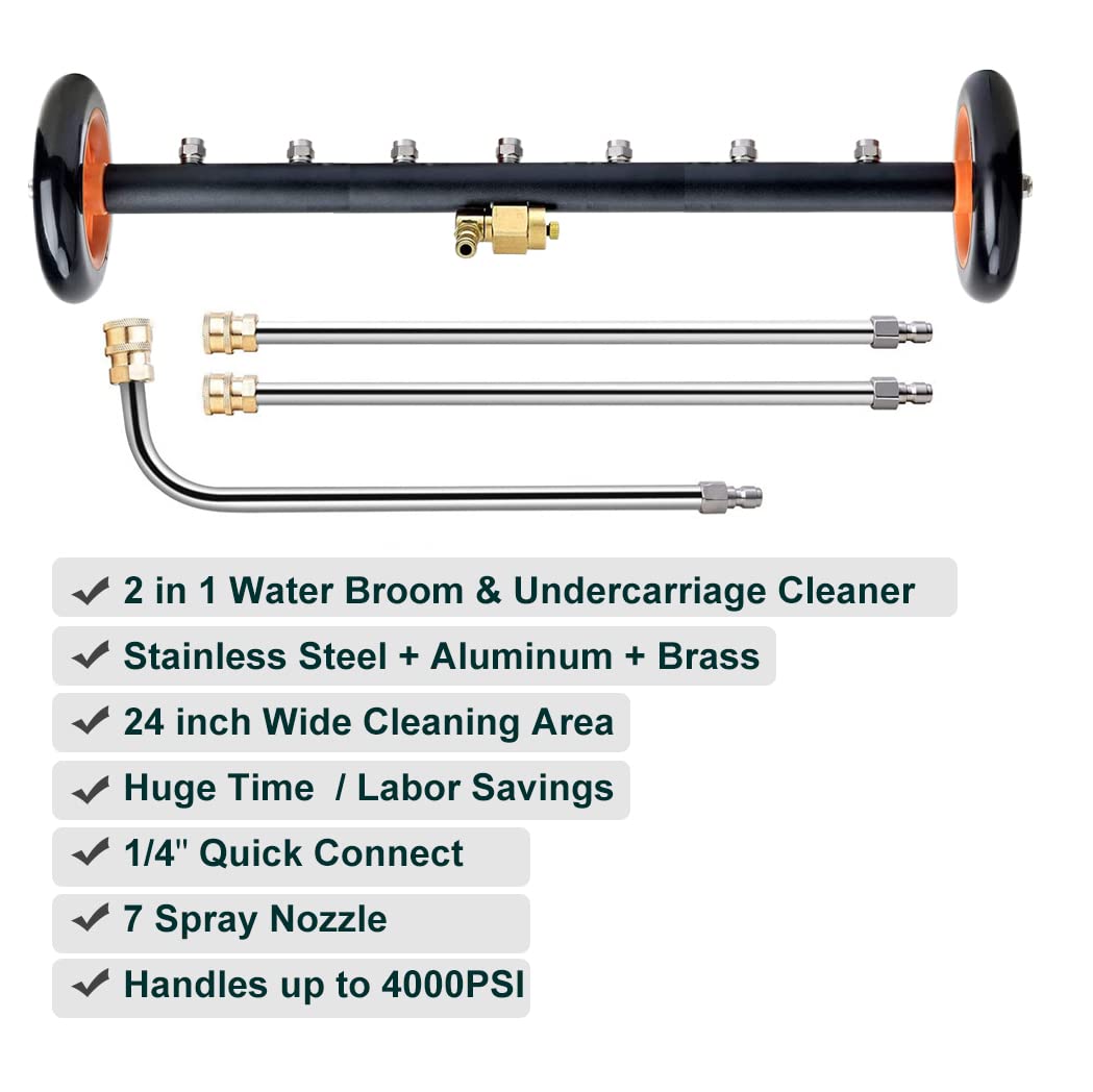 Undercarriage Pressure Washer Attachment,Dual-Function Water Broom Undercarriage Pressure Washer Surface Cleaner, 24 inch 4000 PSI Power Washer Underbody Car Washer with 7 Nozzles and 3 Extension Wand