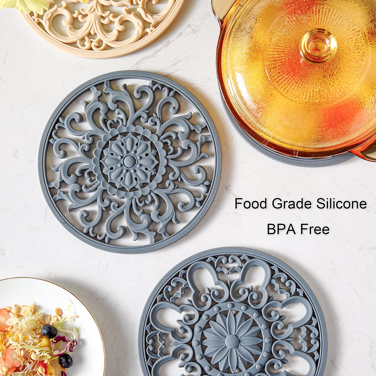 Extra Thick Silicone Trivet Mat for Hot Dishes, Hot Pots and Pans, Pot Holder, Hot Pad to Portect Your Table and Countertop, Kitchen Decor and Accessories,Merlot Red,Set of 3