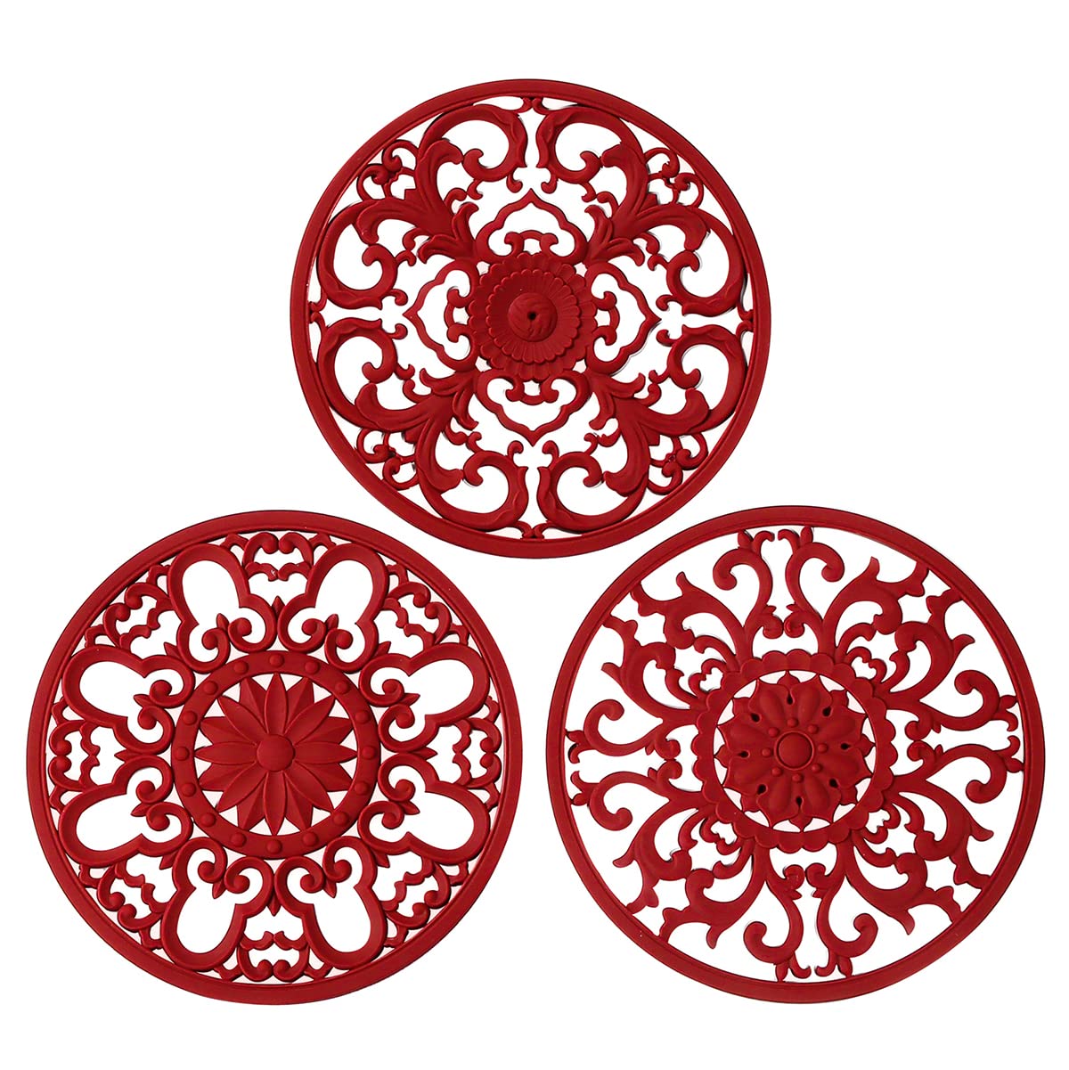 Extra Thick Silicone Trivet Mat for Hot Dishes, Hot Pots and Pans, Pot Holder, Hot Pad to Portect Your Table and Countertop, Kitchen Decor and Accessories,Merlot Red,Set of 3