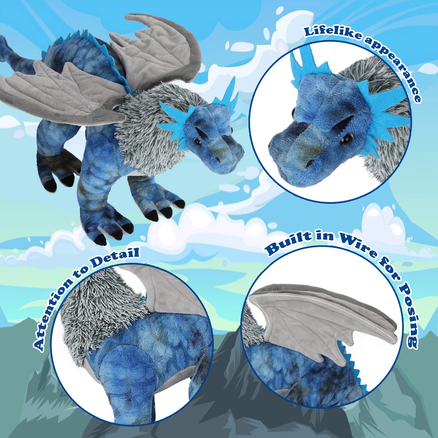 Dragon Plush Toy, Frost Wyrm Stuffed Animal Throw Plushie Pillow Doll, Soft Blue Fluffy Friend Hugging Cushion - Present for Every Age & Occasion
