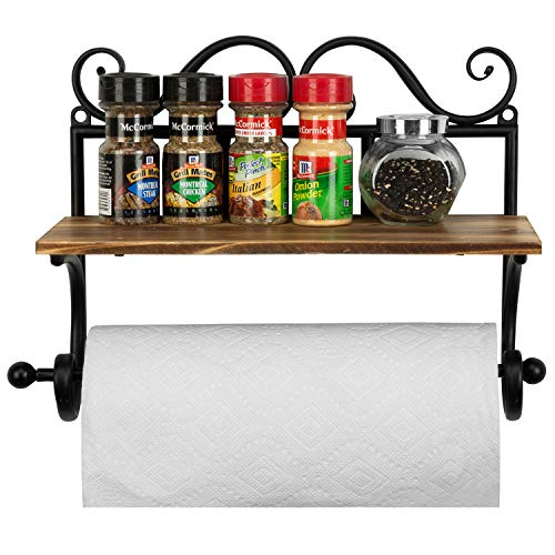 MyGift Wall Mounted Black Metal Kitchen Paper Towel Holder and Burnt Solid Wood Storage Display Shelf Spice Rack with Vintage Scrollwork Design