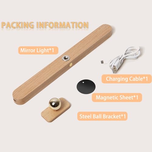 LANDGOO Vanity Lights, Wooden 360° Magnetic Rotatable, USB Rechargeable, Battery Operated, Dimmable LED Lighting Bar for Makeup Mirror, Bedroom, Bathroom, Household (Brown, 1PC)