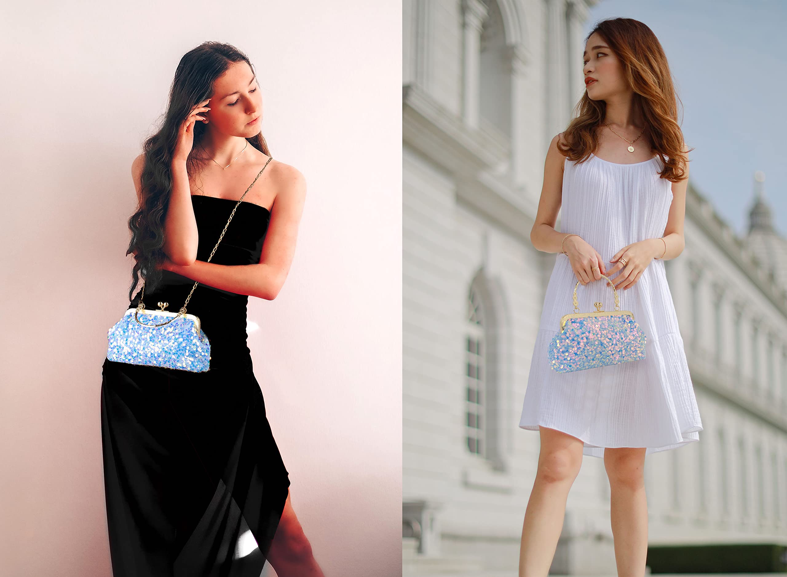 Women Mini Glitter Sequin Evening Handbag Clutch Metal Top-handle Bag Chain Strap Cross-body Bag Kissing Lock