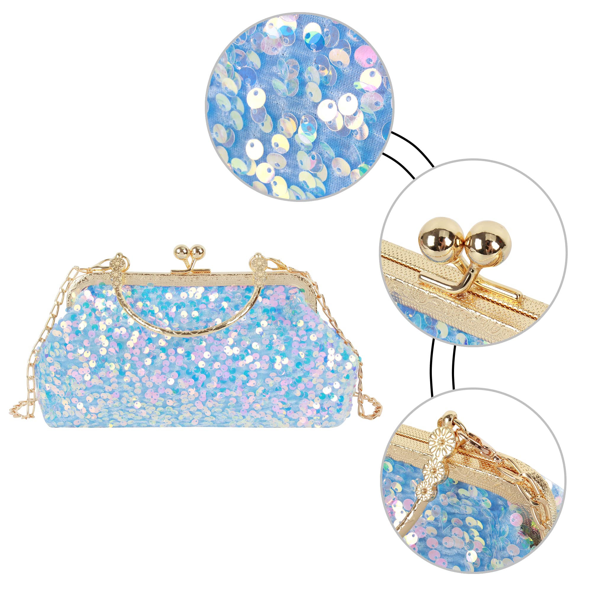 Women Mini Glitter Sequin Evening Handbag Clutch Metal Top-handle Bag Chain Strap Cross-body Bag Kissing Lock