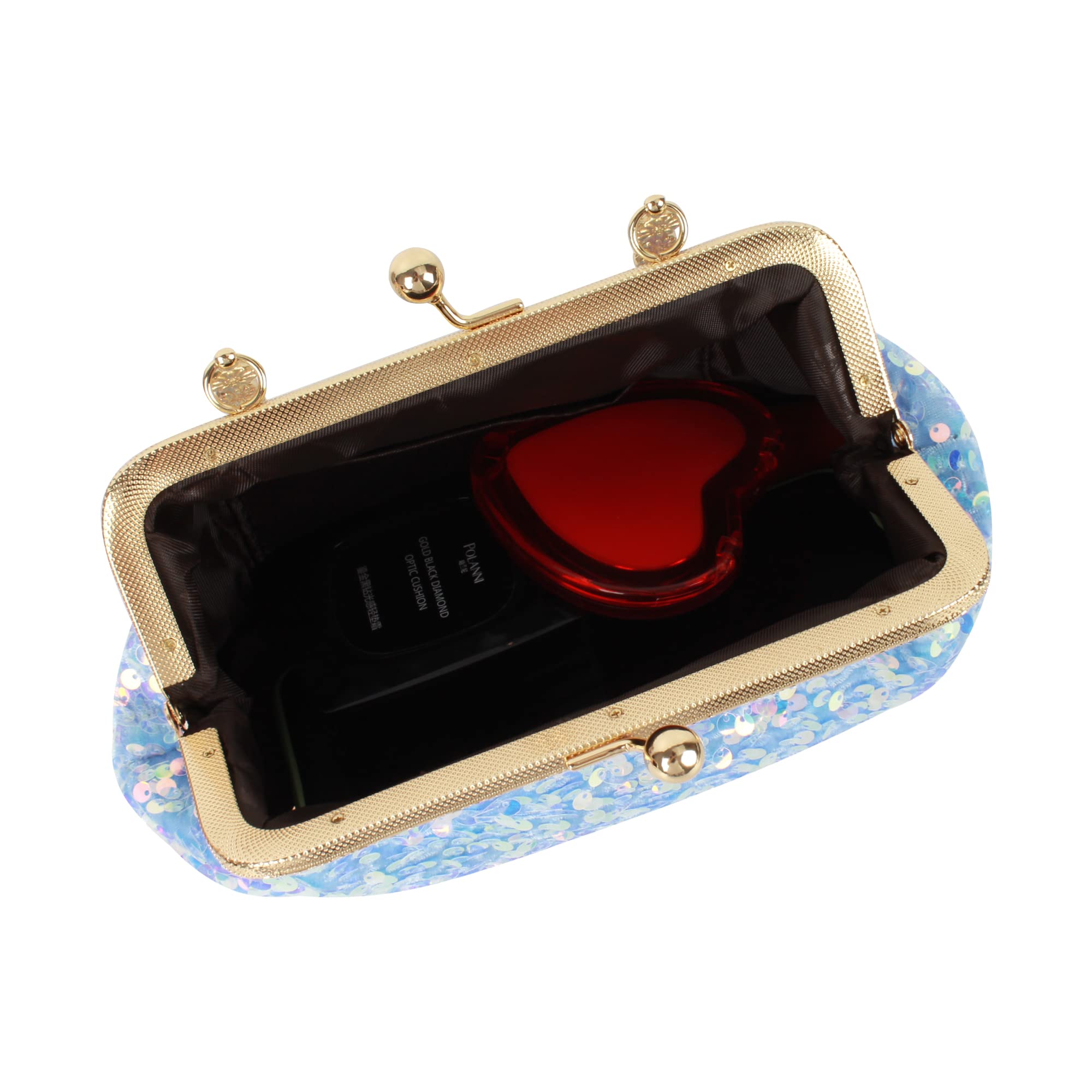 Women Mini Glitter Sequin Evening Handbag Clutch Metal Top-handle Bag Chain Strap Cross-body Bag Kissing Lock