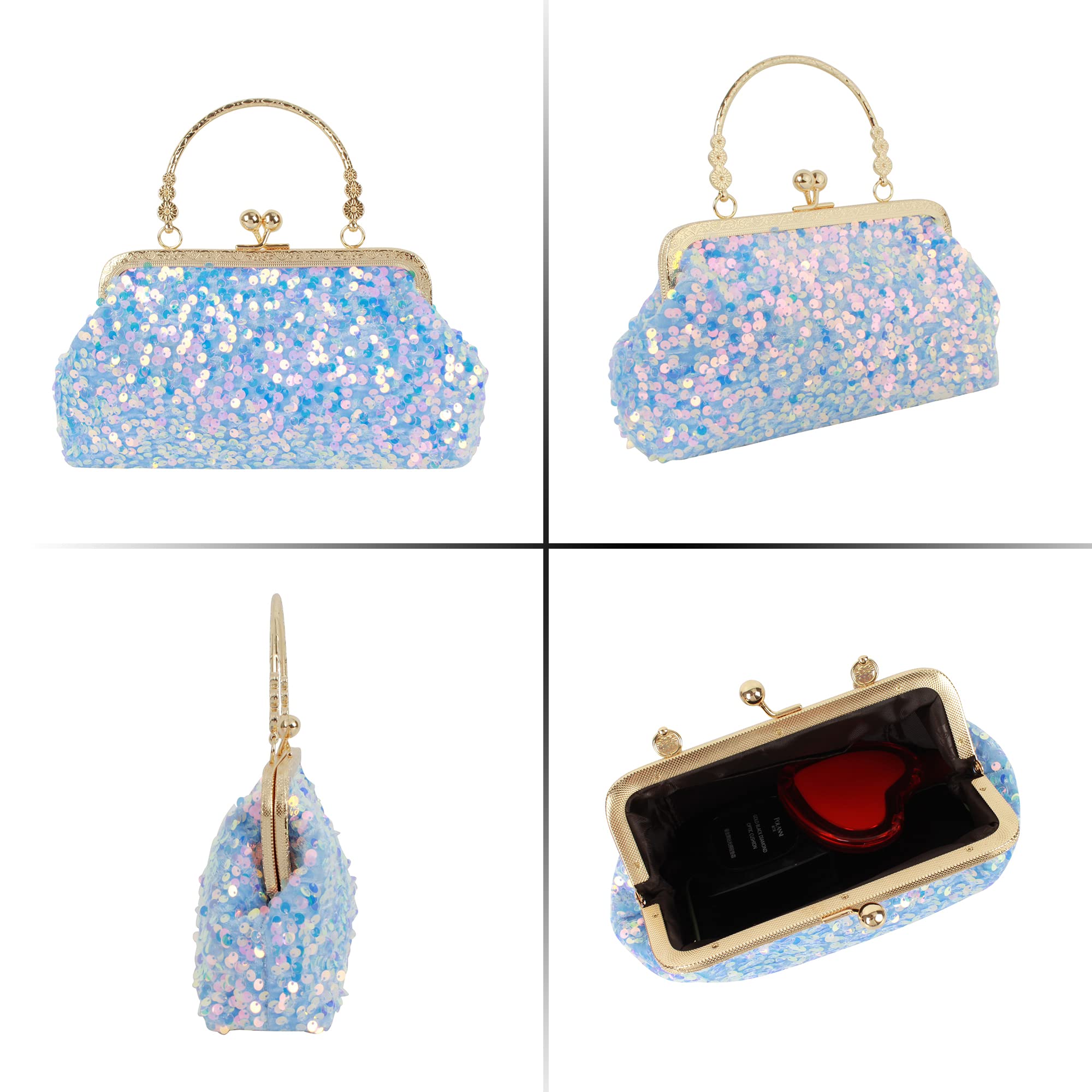 Women Mini Glitter Sequin Evening Handbag Clutch Metal Top-handle Bag Chain Strap Cross-body Bag Kissing Lock