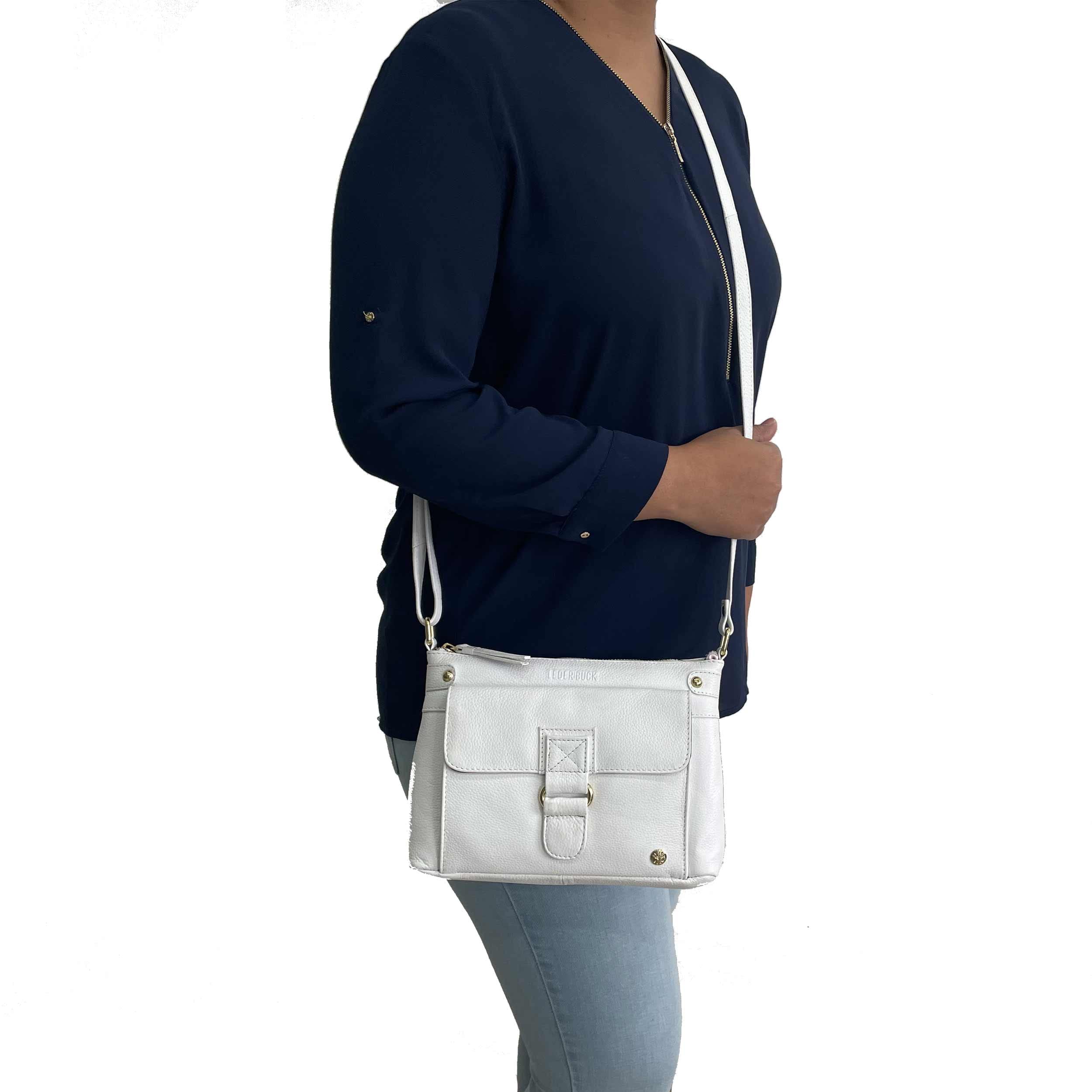 LEDERBUCK Lucy Small Soft Leather Sling Crossbody Handbags- Double Zip Premium Sling Crossover Shoulder Bag for Women (White)