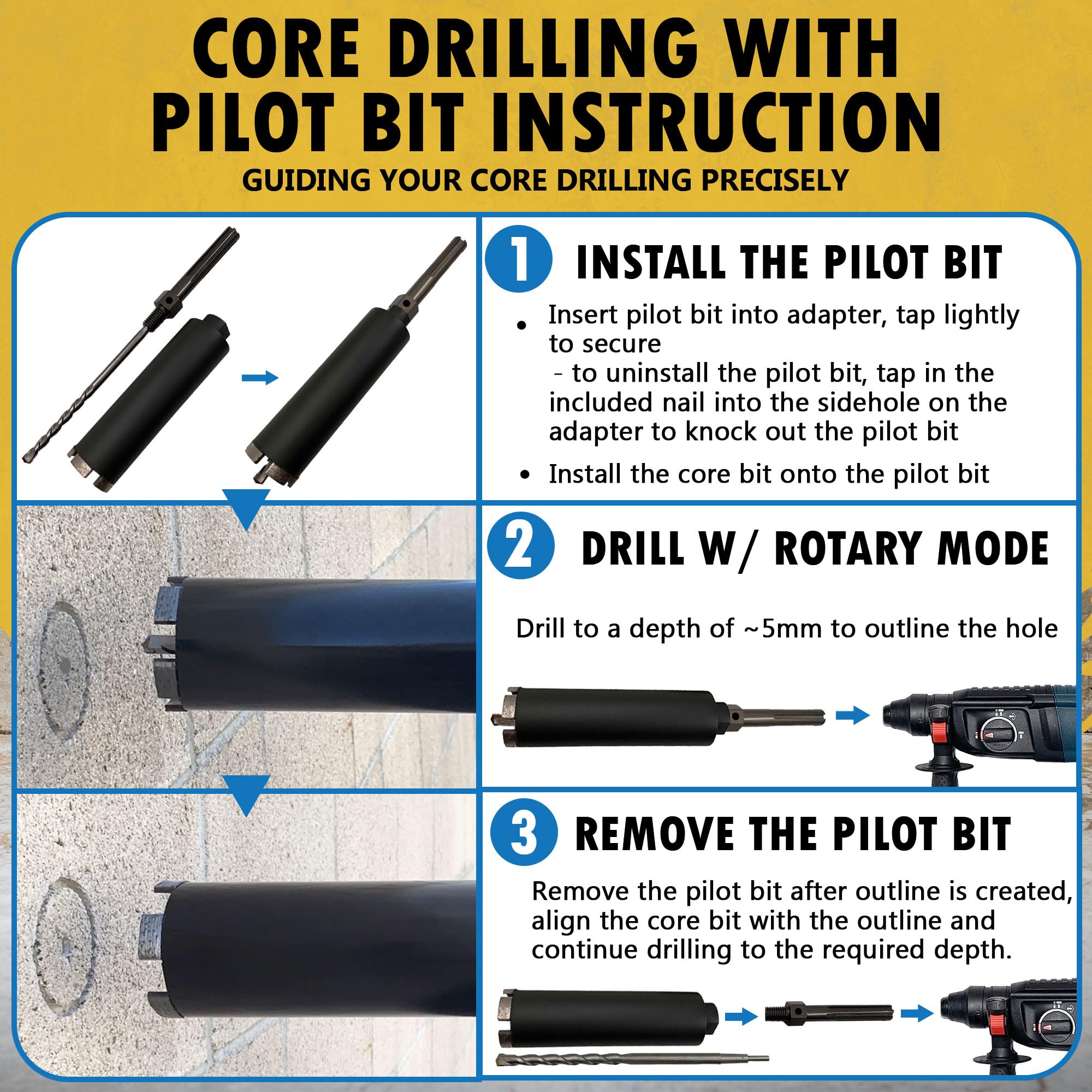 4-1/4" Dry/Wet Multipurpose Core Bit for Masonry, Concrete, and Natural Stone, 6" Drilling Depth, SDS Max Pilot Bit Adapter with 5/8"-11 Arbor
