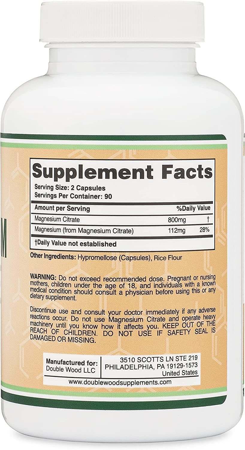 Magnesium Citrate 800mg, 180 Capsules, Digestion & Constipation Support, Vegan Safe, Non-GMO, Double Wood Supplements