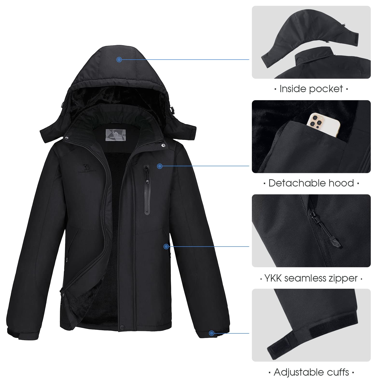 CAMEL Men's Winter Ski Jackets Waterproof Snow Coat with Hood Mountain Windproof Rain Jacket