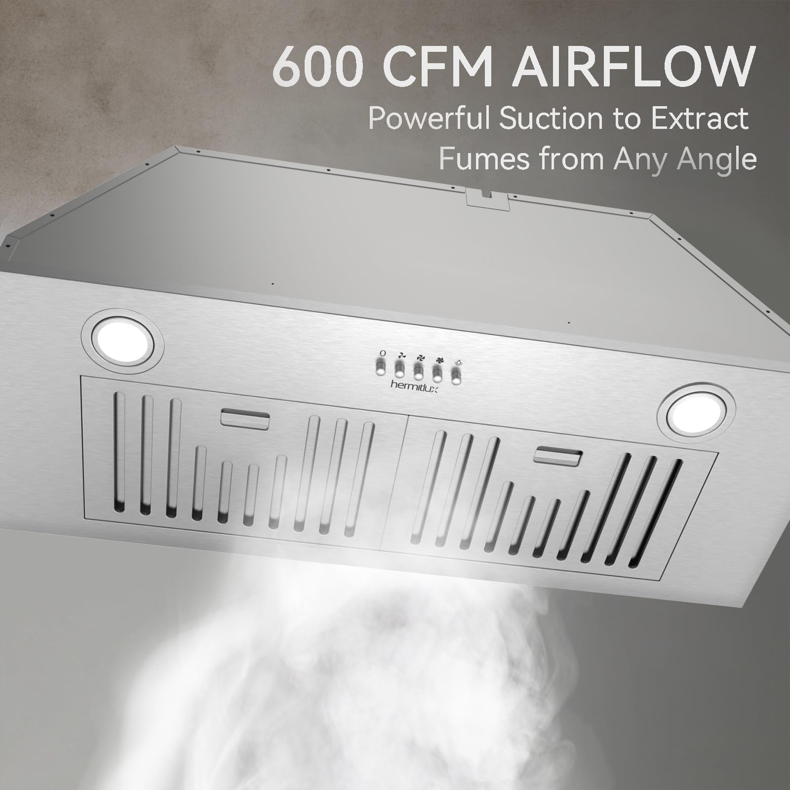 Hermitlux 30 inch Built-in/Insert Range Hood, 600 CFM 3 Speed Vent Hood, Ducted/Ductless Convertible, Stainless Steel with Bright LED Light, Baffle Filters and Charcoal Filters