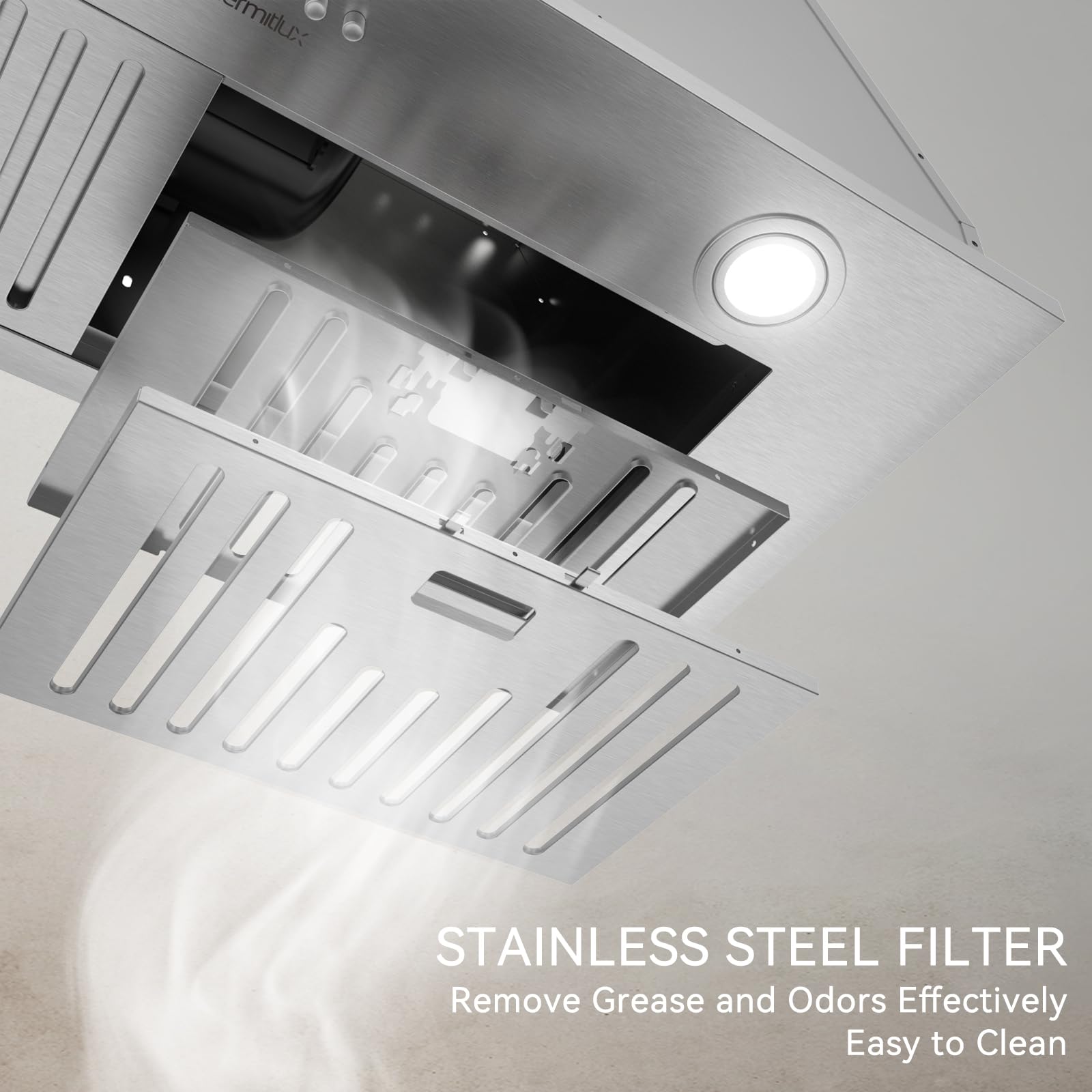 Hermitlux 30 inch Built-in/Insert Range Hood, 600 CFM 3 Speed Vent Hood, Ducted/Ductless Convertible, Stainless Steel with Bright LED Light, Baffle Filters and Charcoal Filters