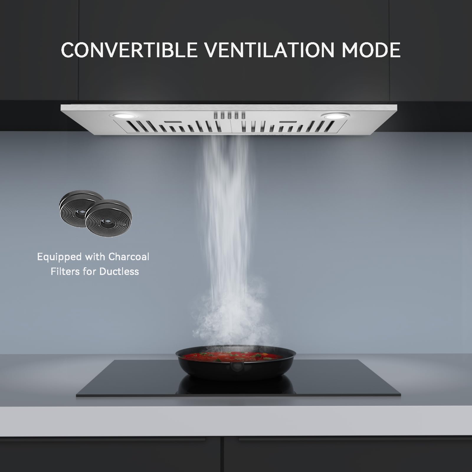 Hermitlux 30 inch Built-in/Insert Range Hood, 600 CFM 3 Speed Vent Hood, Ducted/Ductless Convertible, Stainless Steel with Bright LED Light, Baffle Filters and Charcoal Filters