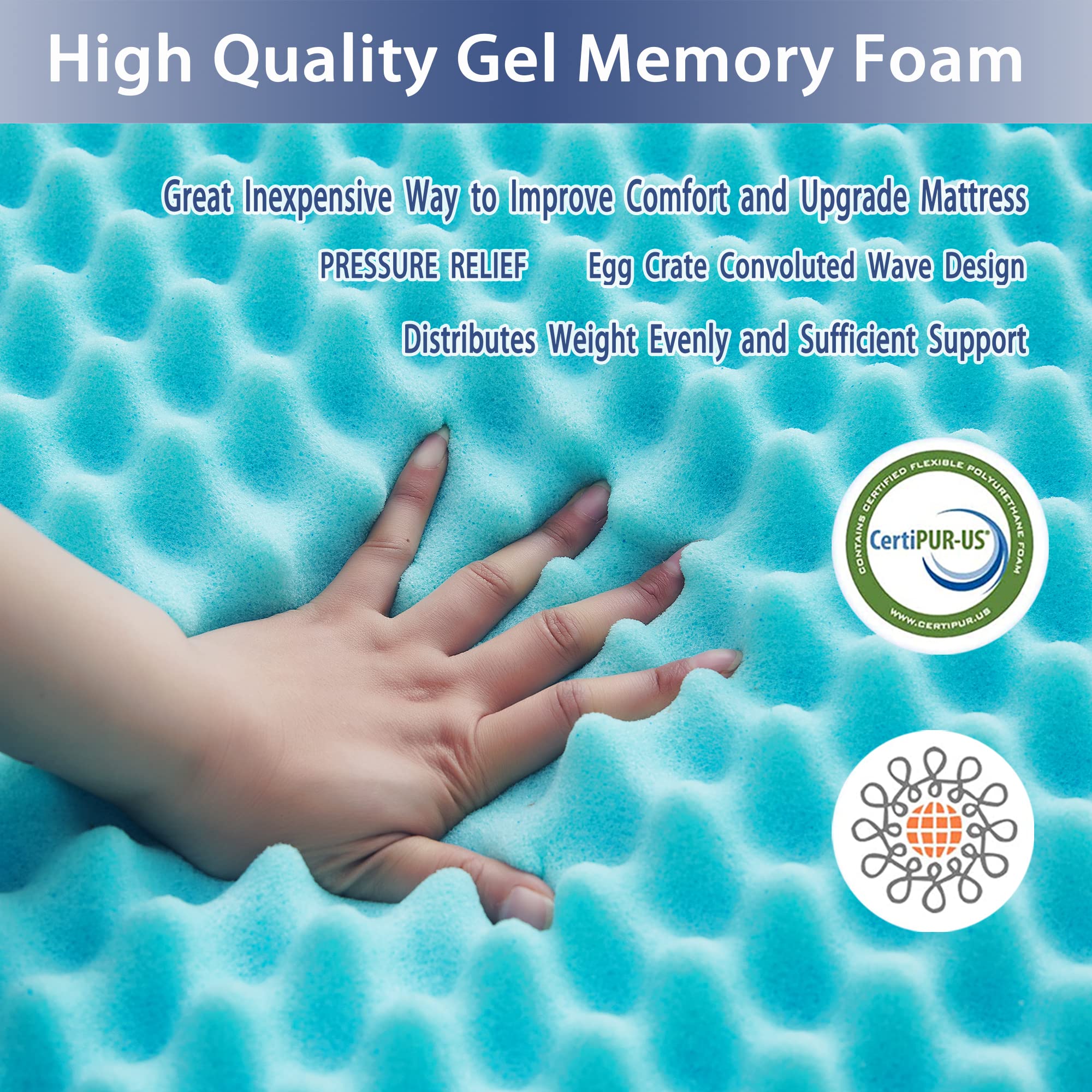 Askme Mattress Topper Queen 2 Inch Convoluted Gel Memory Foam with Bonus Machine Washable Cover Air Flow Design|US and Euro Certified Blue 2 Inch Convoluted