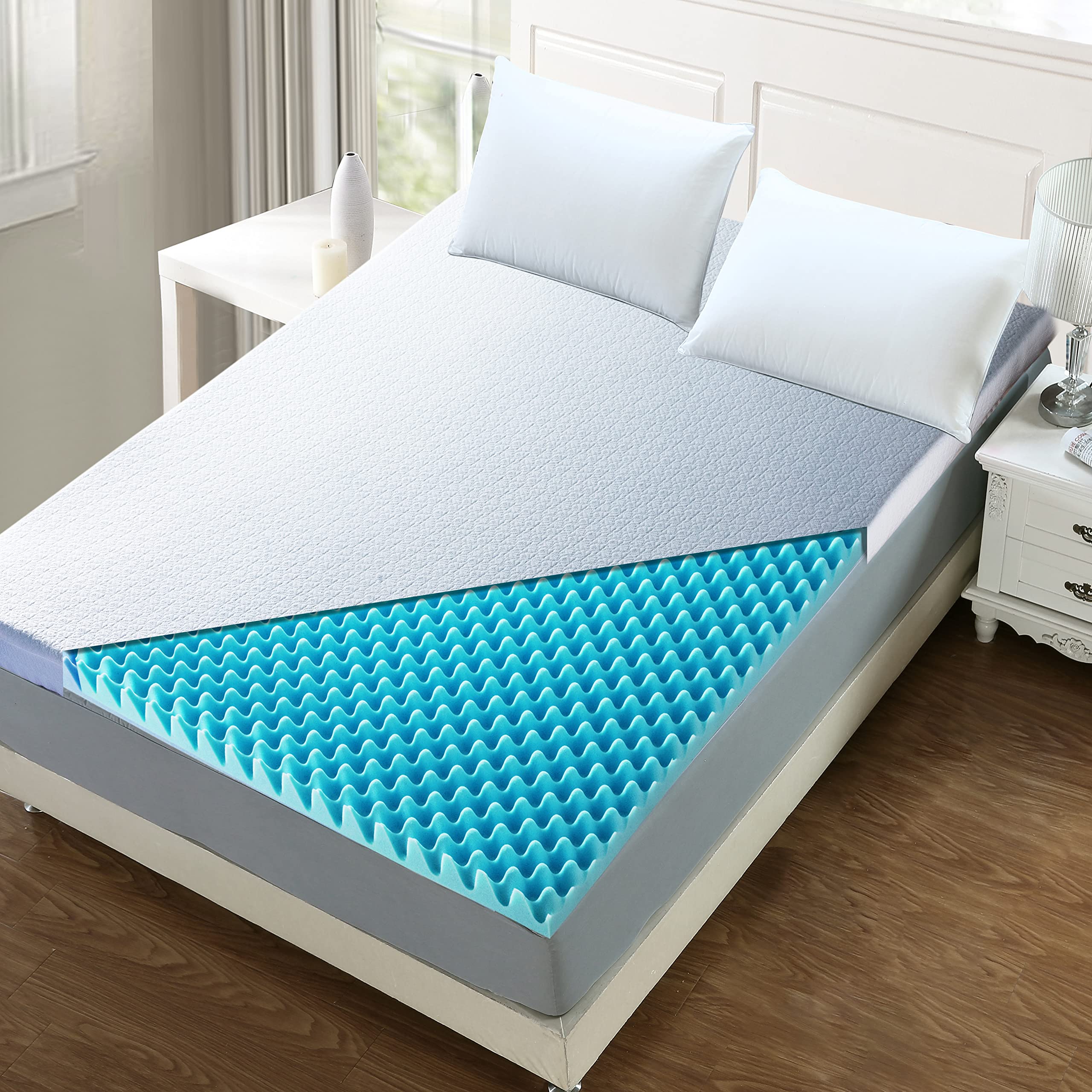 Askme Mattress Topper Queen 2 Inch Convoluted Gel Memory Foam with Bonus Machine Washable Cover Air Flow Design|US and Euro Certified Blue 2 Inch Convoluted