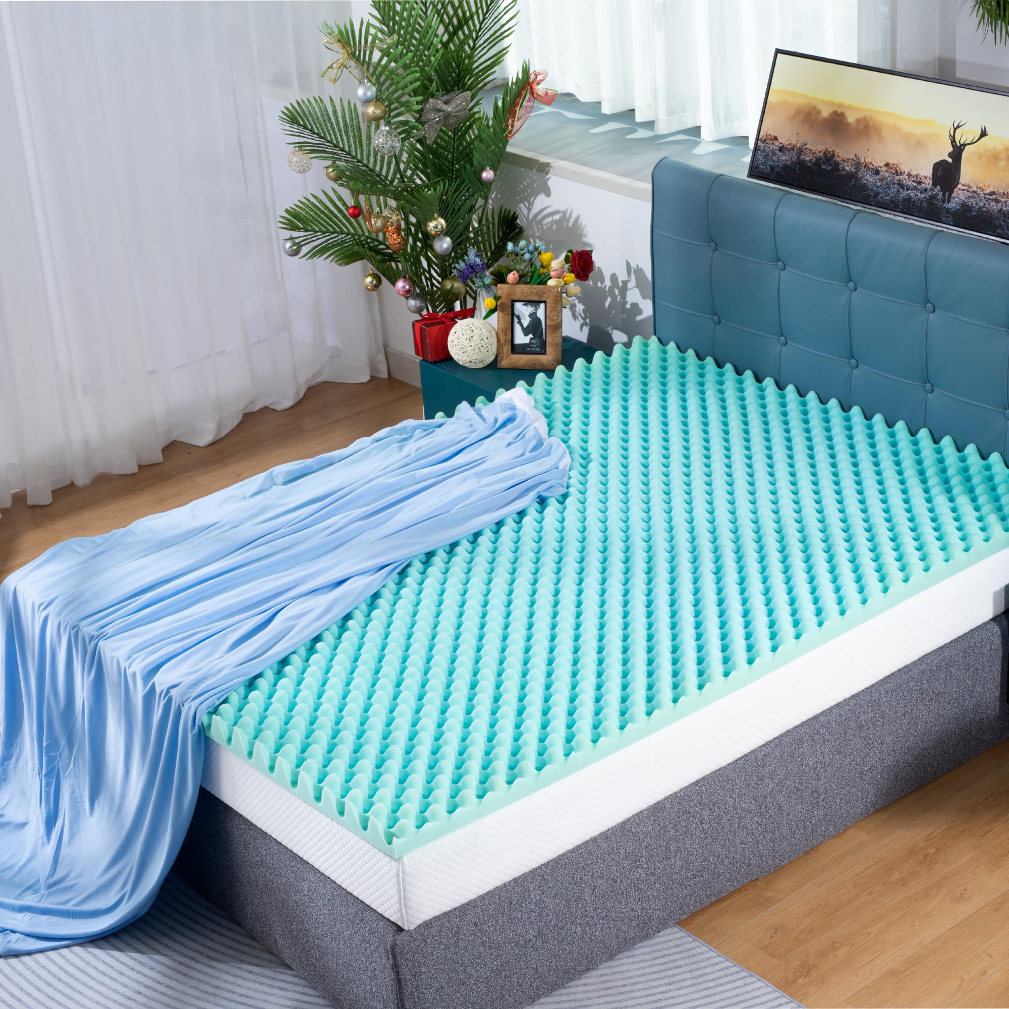 Askme Mattress Topper Queen 2 Inch Convoluted Gel Memory Foam with Bonus Machine Washable Cover Air Flow Design|US and Euro Certified Blue 2 Inch Convoluted