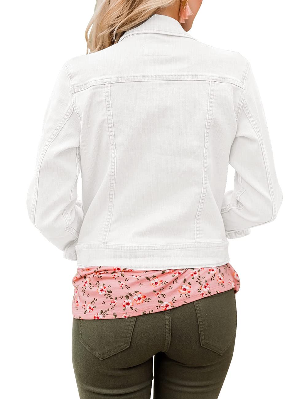 Vetinee Women's White Jean Jacket Women Basic Stretch Fitted Casual Button Down Truker Denim Jacket Long Sleeve Pockets Jean Coat Medium Size 8 Size 10