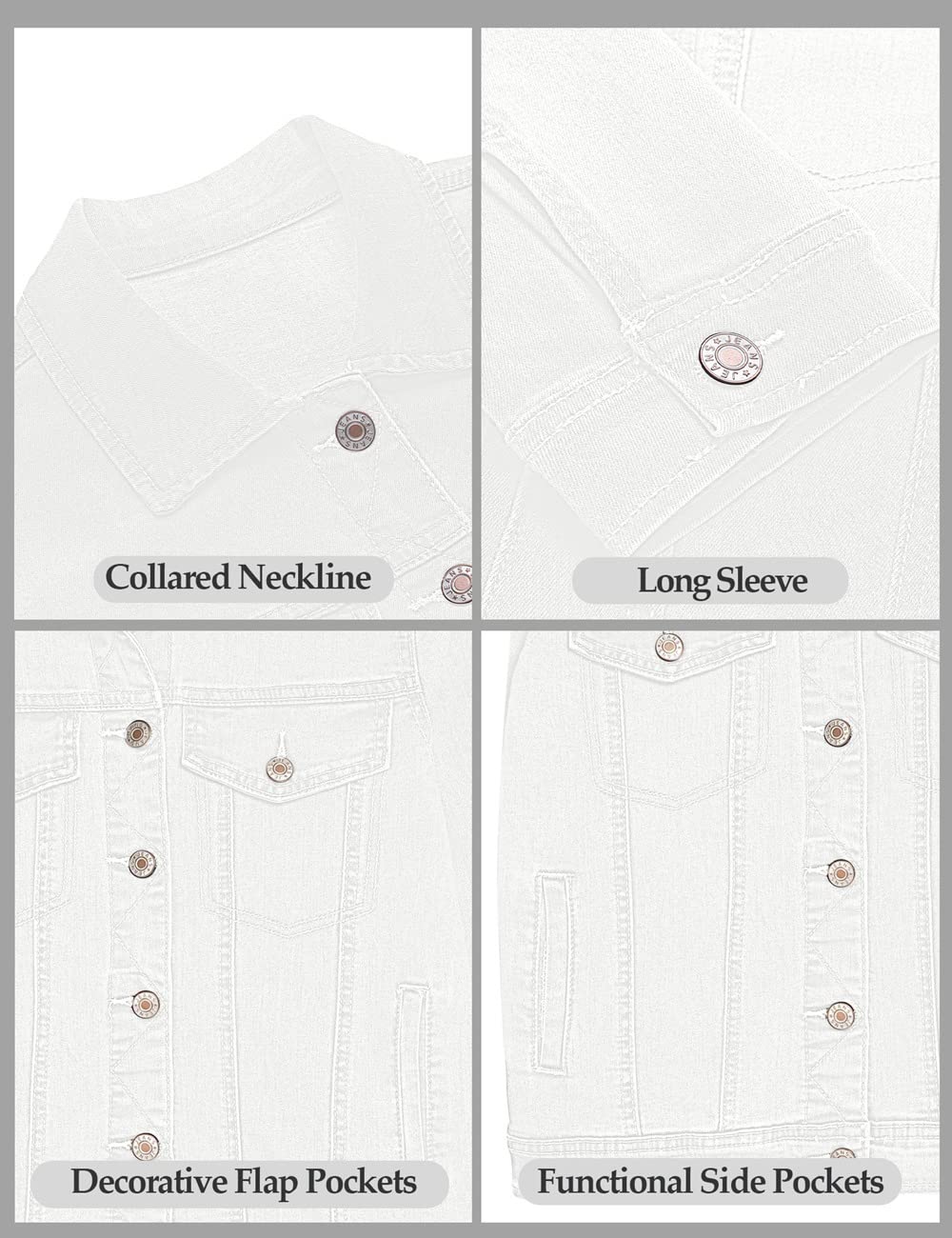 Vetinee Women's White Jean Jacket Women Basic Stretch Fitted Casual Button Down Truker Denim Jacket Long Sleeve Pockets Jean Coat Medium Size 8 Size 10