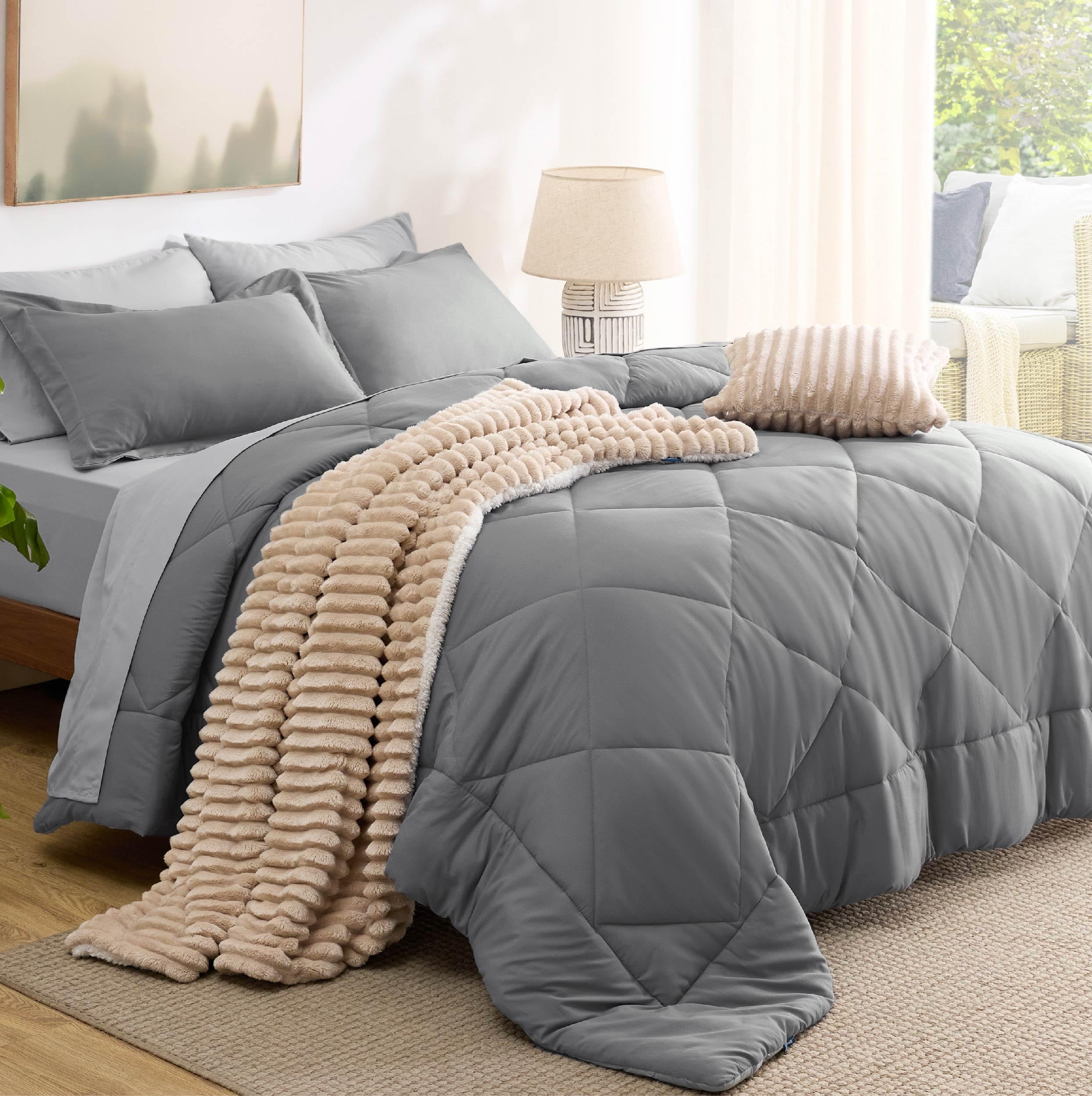 Bedsure Full Size Comforter Set - 7 Pieces Reversible Grey Bedding, Full Size Bed Set for All Seasons, Bed in a Bag with Down Alternative Comforter, Sheets, Pillowcases & Shams