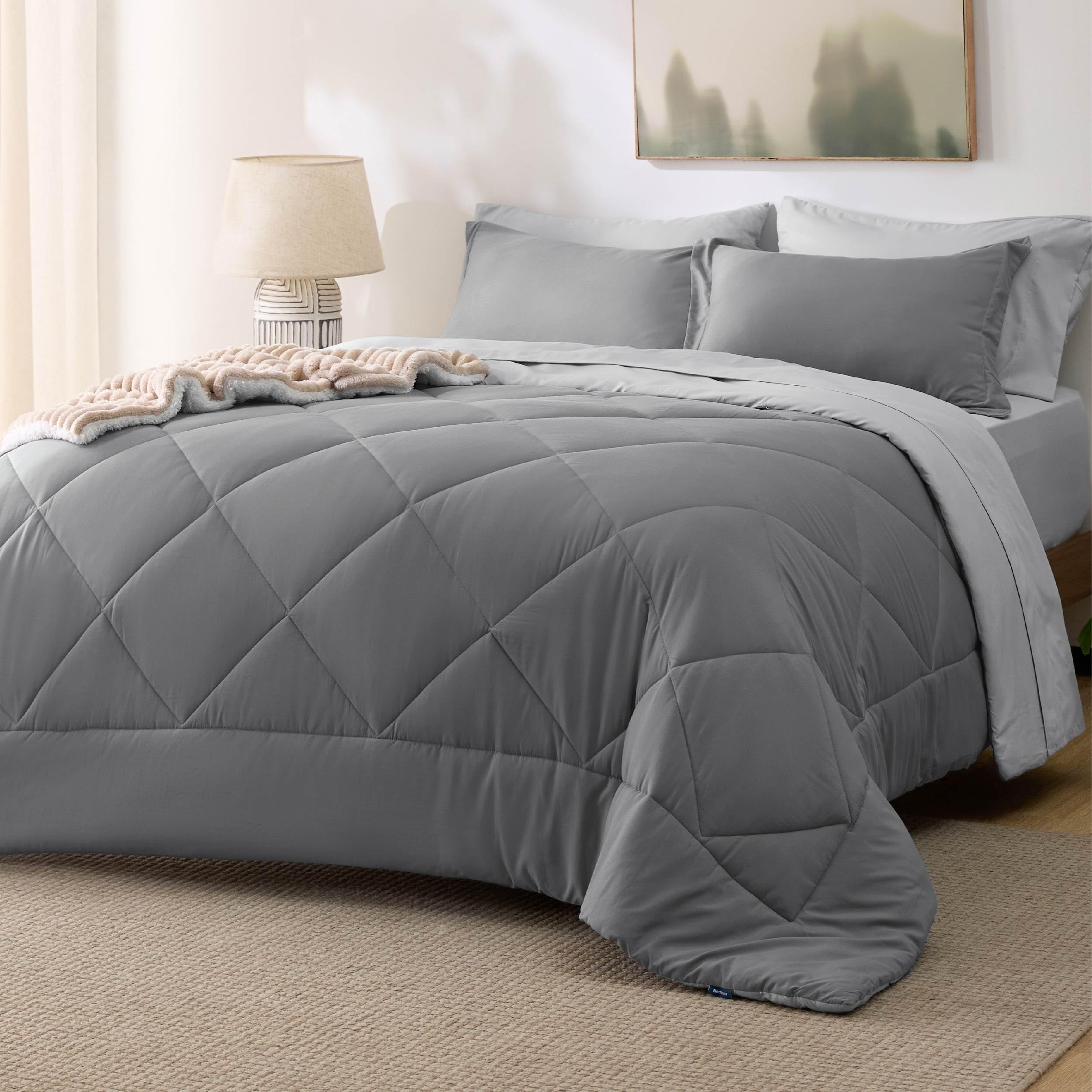 Bedsure Full Size Comforter Set - 7 Pieces Reversible Grey Bedding, Full Size Bed Set for All Seasons, Bed in a Bag with Down Alternative Comforter, Sheets, Pillowcases & Shams
