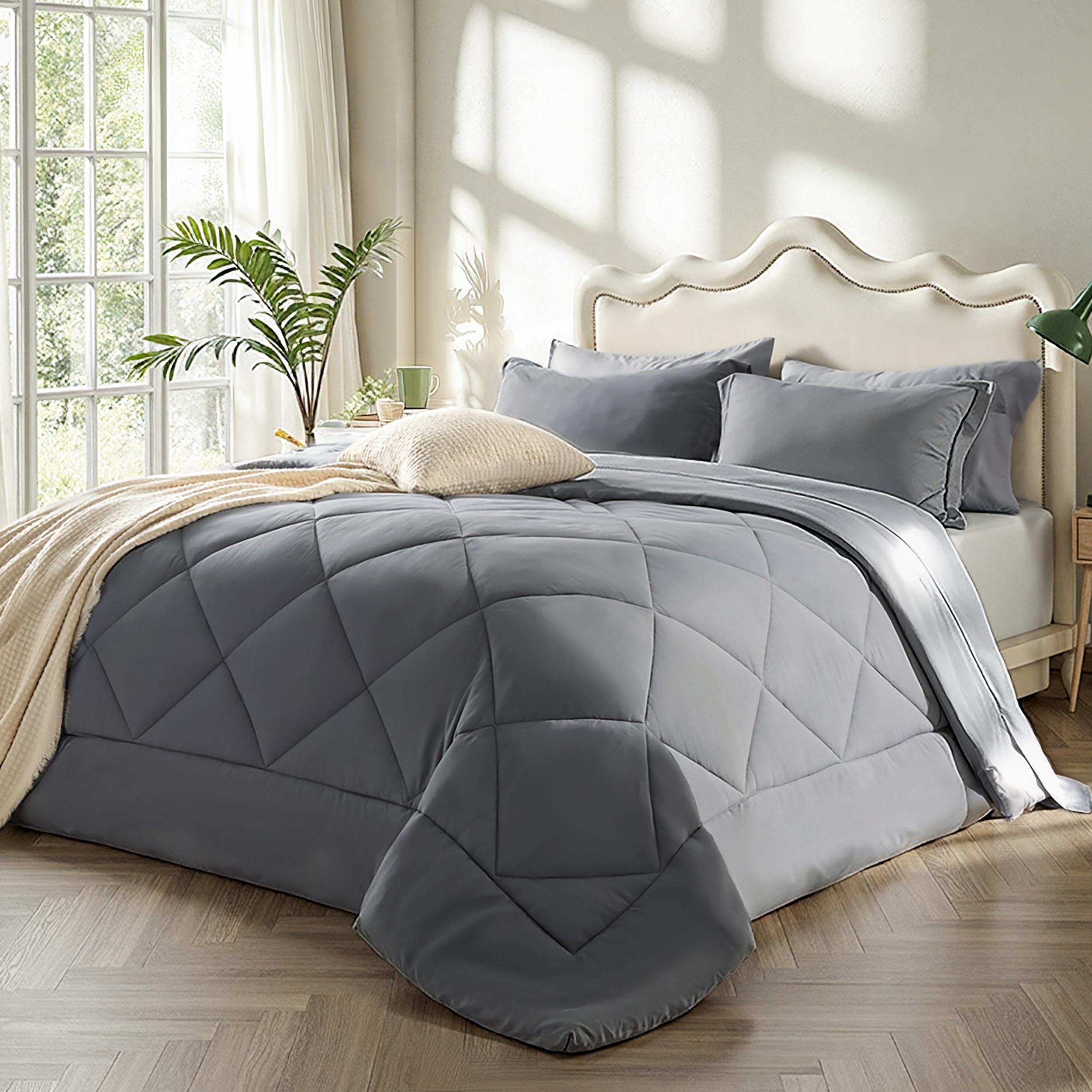 Bedsure Full Size Comforter Set - 7 Pieces Reversible Grey Bedding, Full Size Bed Set for All Seasons, Bed in a Bag with Down Alternative Comforter, Sheets, Pillowcases & Shams