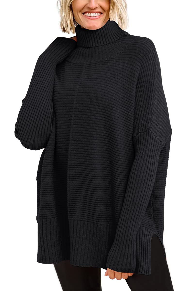 EFAN Women's Turtleneck Oversized Sweaters Fall Outfits Clothes Trendy Long Pullover Knit Winter Tunic 2025 Black M