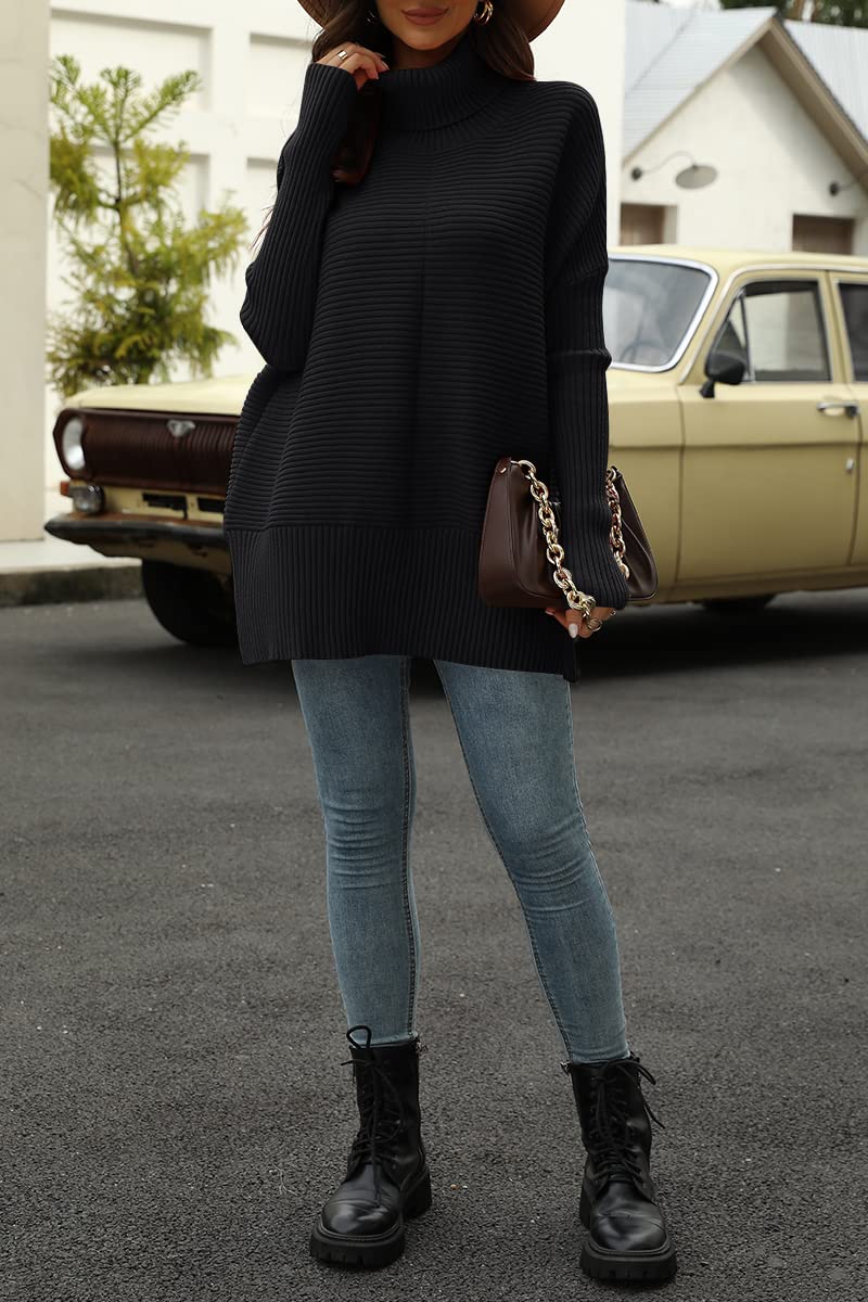 EFAN Women's Turtleneck Oversized Sweaters Fall Outfits Clothes Trendy Long Pullover Knit Winter Tunic 2025 Black M