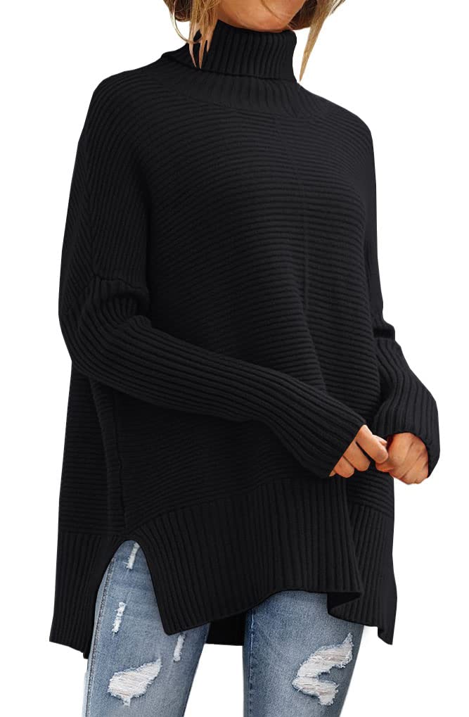 EFAN Women's Turtleneck Oversized Sweaters Fall Outfits Clothes Trendy Long Pullover Knit Winter Tunic 2025 Black M